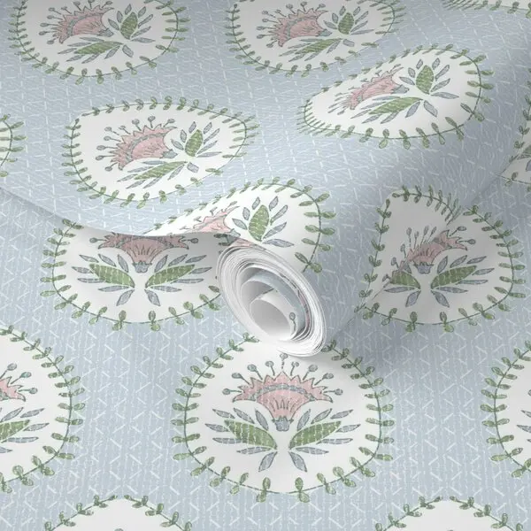 Spoonflower Flower Paisley Lotus Floral Teardrop Block Print Custom Pre-pasted Wallpaper - Blue