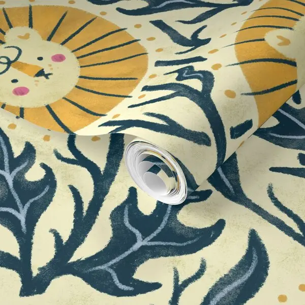 Spoonflower Lion Garden Nature Animals Whimsical Custom Pre-pasted Wallpaper - Yellow