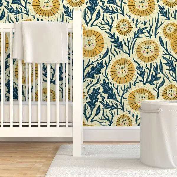 Spoonflower Lion Garden Nature Animals Whimsical Custom Pre-pasted Wallpaper - Yellow