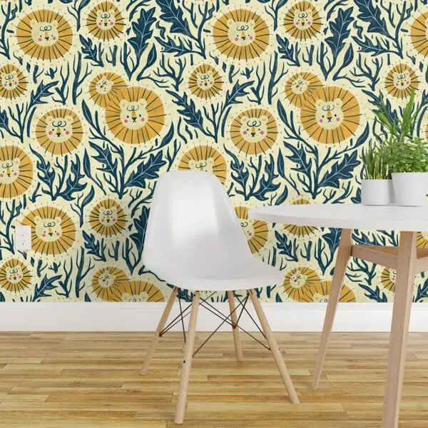 Spoonflower Lion Garden Nature Animals Whimsical Custom Pre-pasted Wallpaper - Yellow