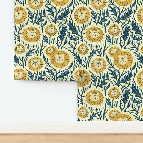 Spoonflower Lion Garden Nature Animals Whimsical Custom Pre-pasted Wallpaper - Yellow