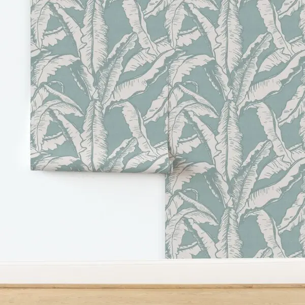 Spoonflower Sage Minimal Tropical Flora Banana Leaf Custom Pre-pasted Wallpaper - Green