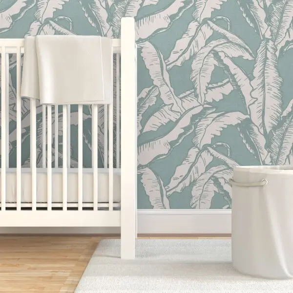 Spoonflower Sage Minimal Tropical Flora Banana Leaf Custom Pre-pasted Wallpaper - Green