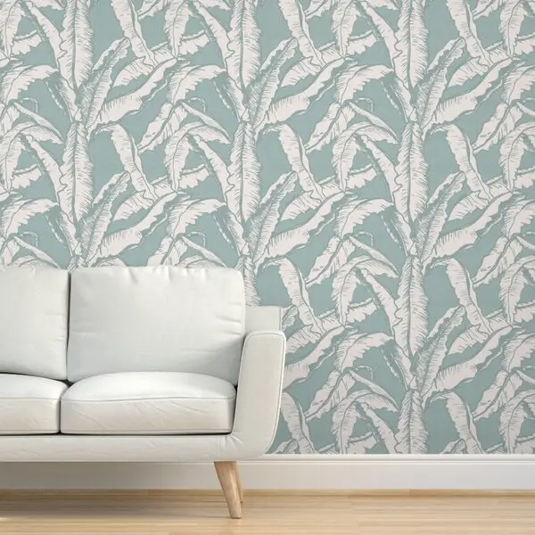 Spoonflower Sage Minimal Tropical Flora Banana Leaf Custom Pre-pasted Wallpaper - Green