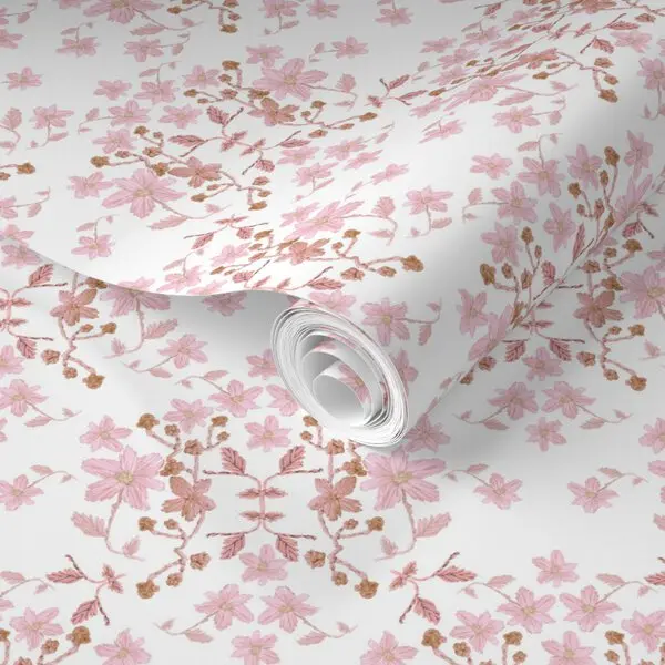 Spoonflower Floral Botanical Leaves Branch Blossom Spring Custom Pre-pasted Wallpaper - Pink,white