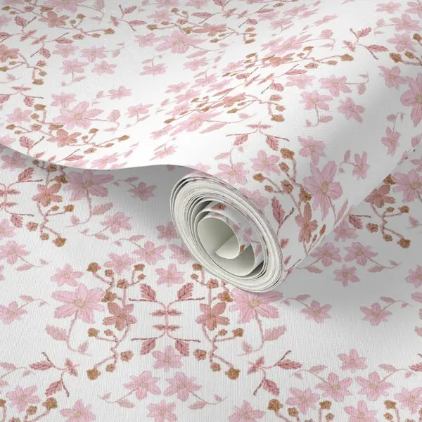 Spoonflower Floral Botanical Leaves Branch Blossom Spring Custom Pre-pasted Wallpaper - Pink,white