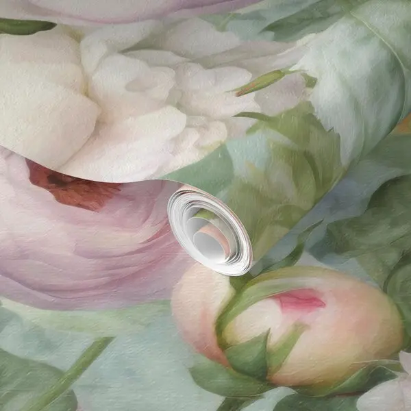 Spoonflower Watercolor Peonies Roses Cosmos Botanical Bouquet Custom Pre-pasted Wallpaper - Pink,green