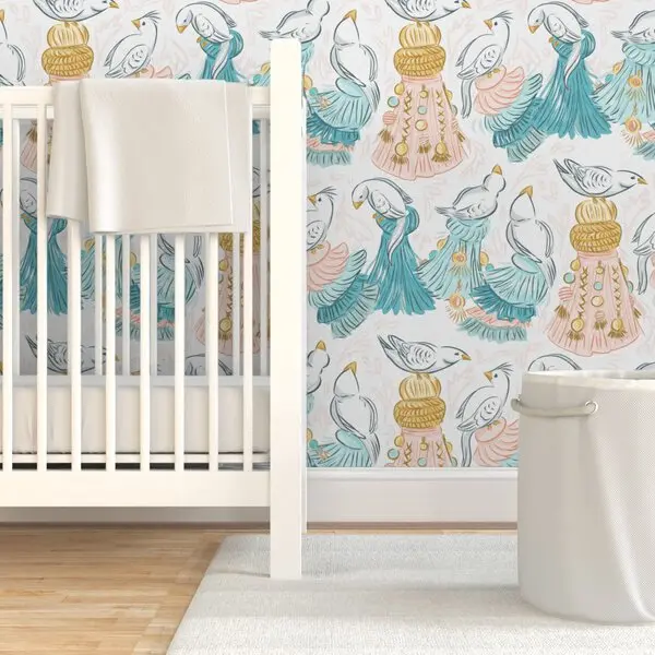 Spoonflower Tassels Baby Blue Blush Coral Elegant Wildlife New Custom Pre-pasted Wallpaper - Blue,pink
