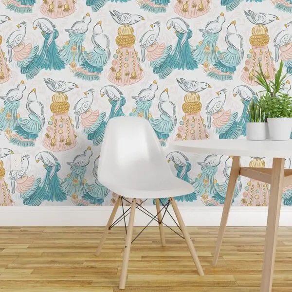 Spoonflower Tassels Baby Blue Blush Coral Elegant Wildlife New Custom Pre-pasted Wallpaper - Blue,pink
