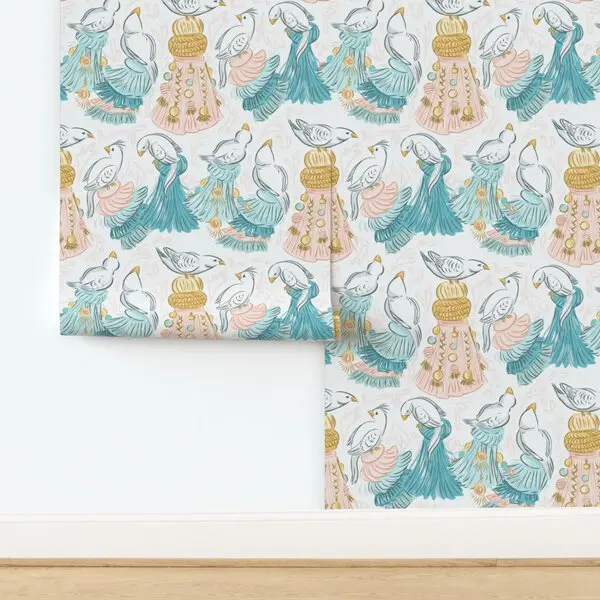 Spoonflower Tassels Baby Blue Blush Coral Elegant Wildlife New Custom Pre-pasted Wallpaper - Blue,pink