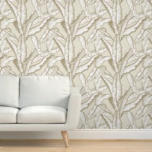 Spoonflower Nature Minimal Tropical Flora Custom Pre-pasted Wallpaper - Beige