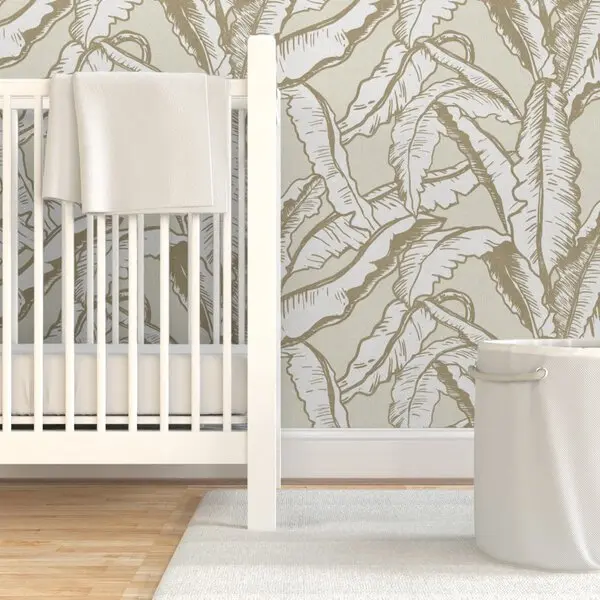 Spoonflower Nature Minimal Tropical Flora Custom Pre-pasted Wallpaper - Beige