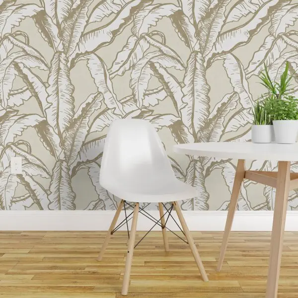 Spoonflower Nature Minimal Tropical Flora Custom Pre-pasted Wallpaper - Beige