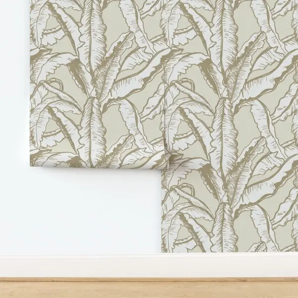 Spoonflower Nature Minimal Tropical Flora Custom Pre-pasted Wallpaper - Beige