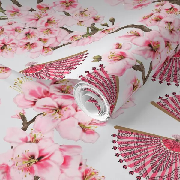Spoonflower Floral Cherry Blossom Chinoiserie Botanical Spring Custom Pre-pasted Wallpaper