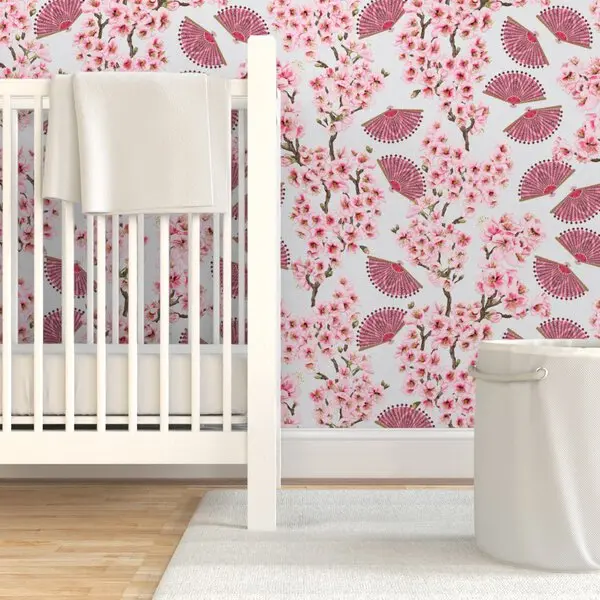Spoonflower Floral Cherry Blossom Chinoiserie Botanical Spring Custom Pre-pasted Wallpaper