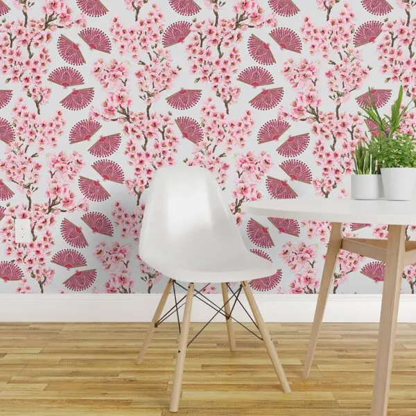 Spoonflower Floral Cherry Blossom Chinoiserie Botanical Spring Custom Pre-pasted Wallpaper