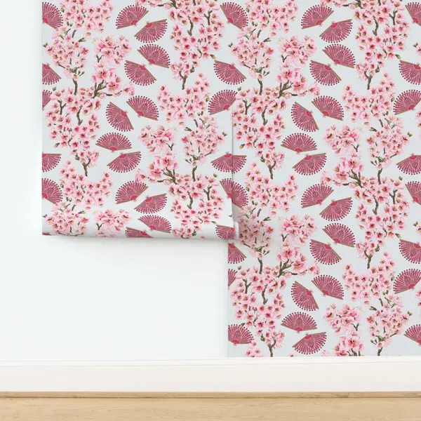 Spoonflower Floral Cherry Blossom Chinoiserie Botanical Spring Custom Pre-pasted Wallpaper