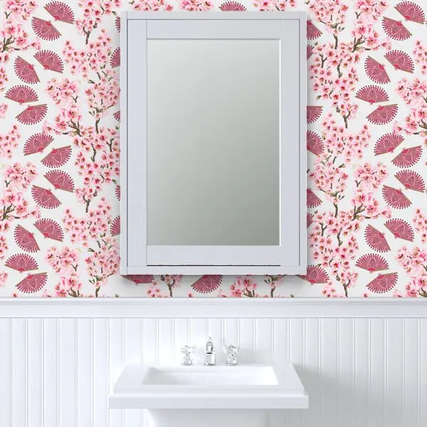 Spoonflower Floral Cherry Blossom Chinoiserie Botanical Spring Custom Pre-pasted Wallpaper