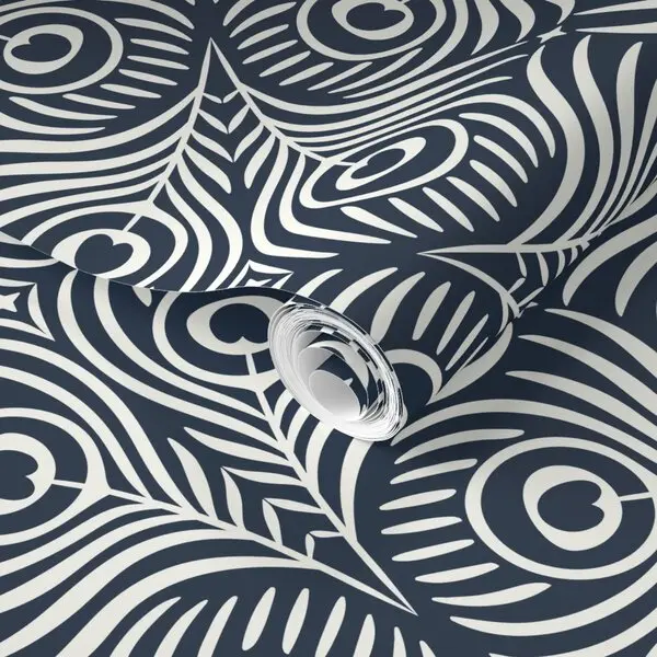 Spoonflower Animal Print Dark Graphic Lines Minimalist Custom Pre-pasted Wallpaper - Blue