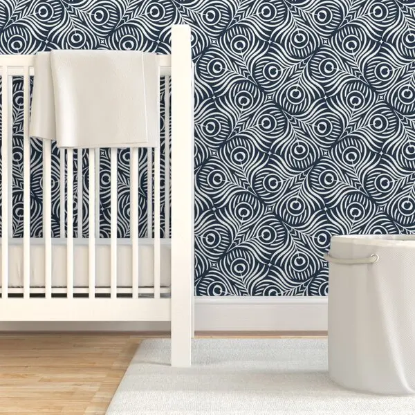 Spoonflower Animal Print Dark Graphic Lines Minimalist Custom Pre-pasted Wallpaper - Blue