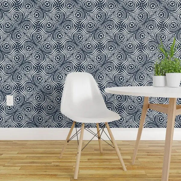 Spoonflower Animal Print Dark Graphic Lines Minimalist Custom Pre-pasted Wallpaper - Blue