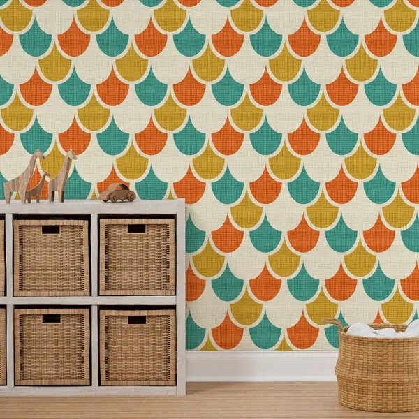 Spoonflower Animal Print Midcentury Mod Retro Scallops Custom Pre-pasted Wallpaper