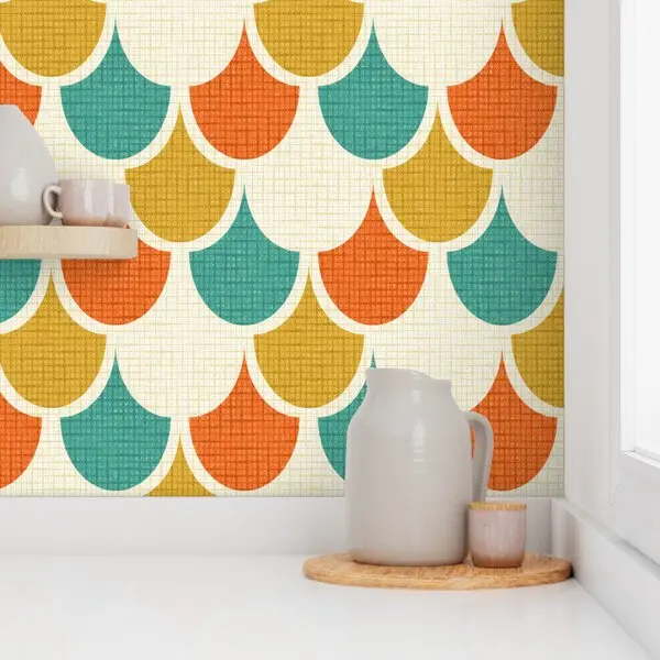 Spoonflower Animal Print Midcentury Mod Retro Scallops Custom Pre-pasted Wallpaper