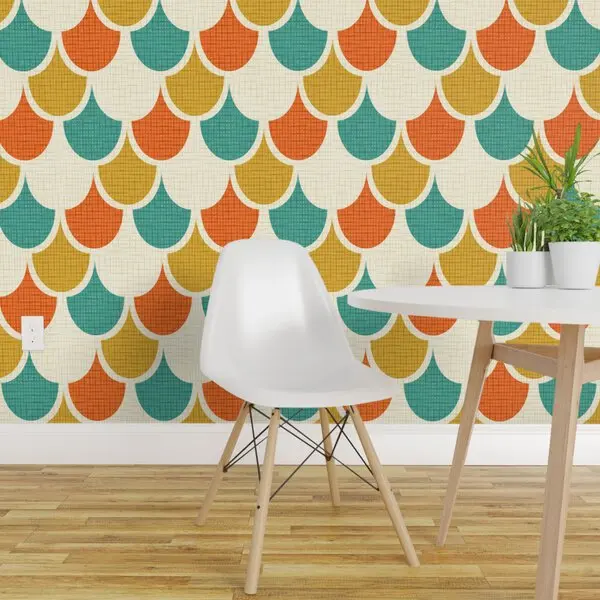 Spoonflower Animal Print Midcentury Mod Retro Scallops Custom Pre-pasted Wallpaper