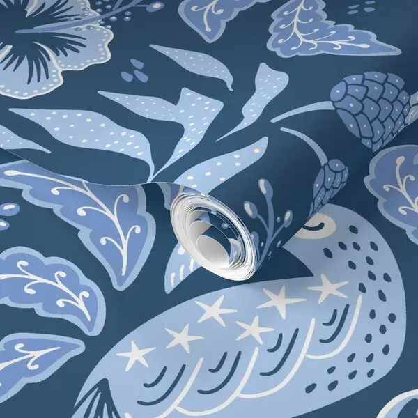 Spoonflower Hibiscus Garden Tropical Toucan Pineapple Denim Custom Pre-pasted Wallpaper - Blue