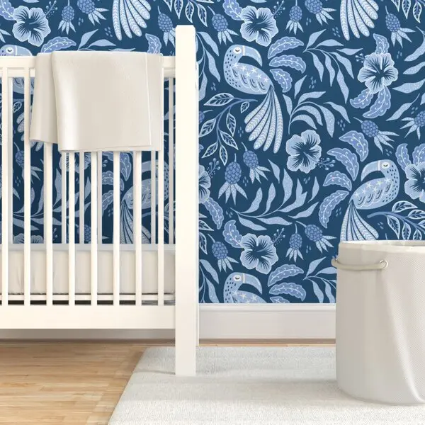 Spoonflower Hibiscus Garden Tropical Toucan Pineapple Denim Custom Pre-pasted Wallpaper - Blue