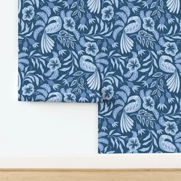 Spoonflower Hibiscus Garden Tropical Toucan Pineapple Denim Custom Pre-pasted Wallpaper - Blue
