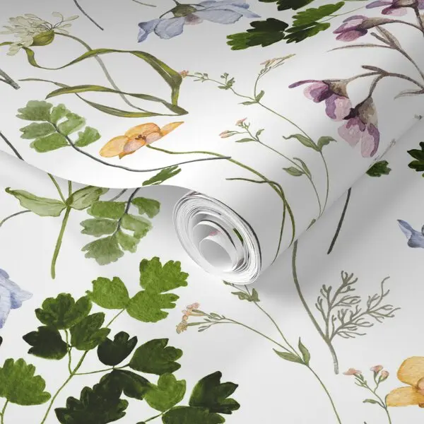 Spoonflower Botanical Garden Hand Painted Watercolor Floral Custom Pre-pasted Wallpaper - Green