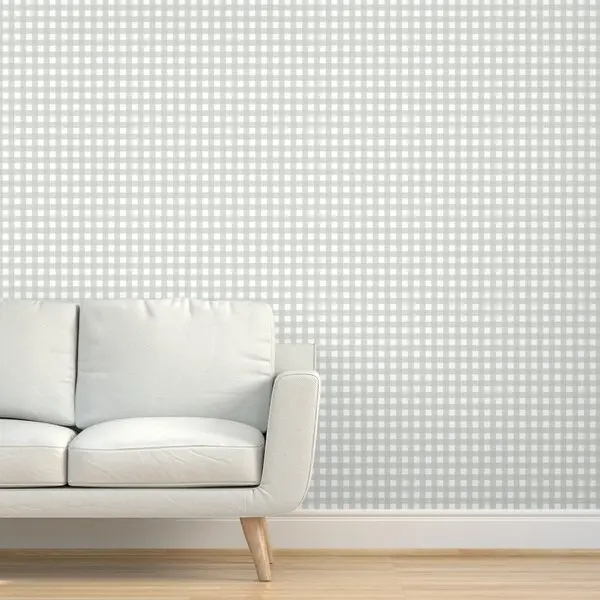 Spoonflower Buffalo Gingham Check Picnic Small Plaid Neutral Custom Pre-pasted Wallpaper - White,beige