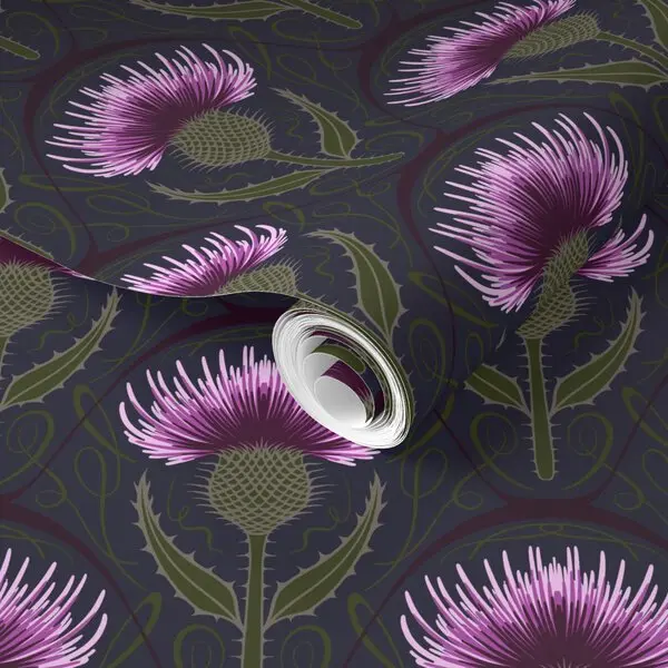Spoonflower Art Nouveau Medium Scale Botanicals Thistle Dark Custom Pre-pasted Wallpaper - Blue,purple