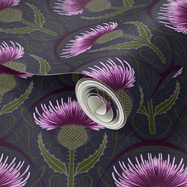 Spoonflower Art Nouveau Medium Scale Botanicals Thistle Dark Custom Pre-pasted Wallpaper - Blue,purple