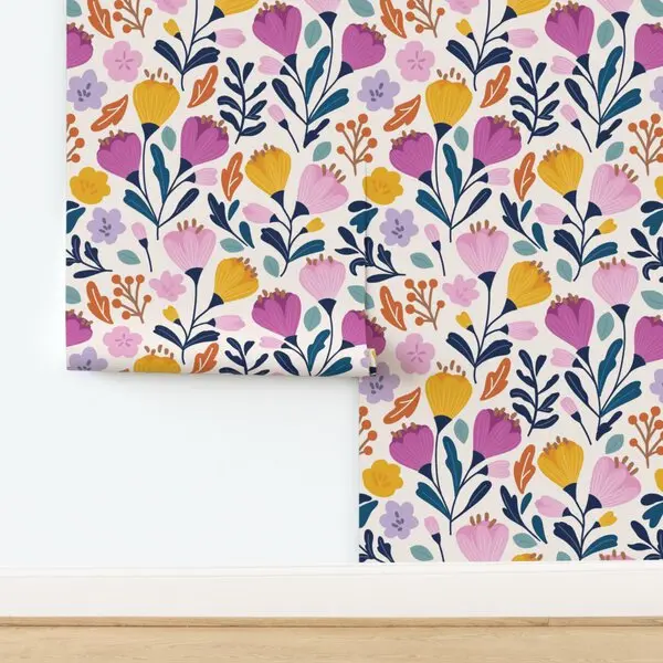 Spoonflower Crocus Bloom Whimsical Floral Modern Garden Custom Pre-pasted Wallpaper