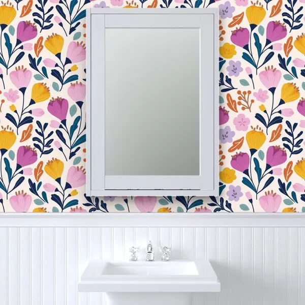 Spoonflower Crocus Bloom Whimsical Floral Modern Garden Custom Pre-pasted Wallpaper