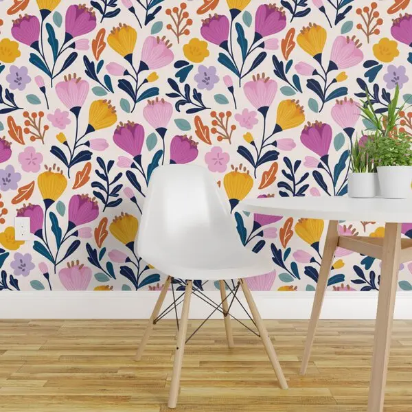 Spoonflower Crocus Bloom Whimsical Floral Modern Garden Custom Pre-pasted Wallpaper
