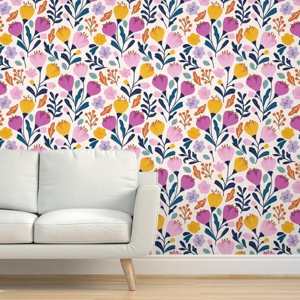 Spoonflower Crocus Bloom Whimsical Floral Modern Garden Custom Pre-pasted Wallpaper