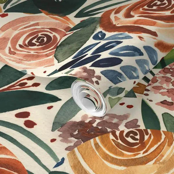 Spoonflower Boho Watercolor Roses Floral Medium Scale Custom Pre-pasted Wallpaper - Green