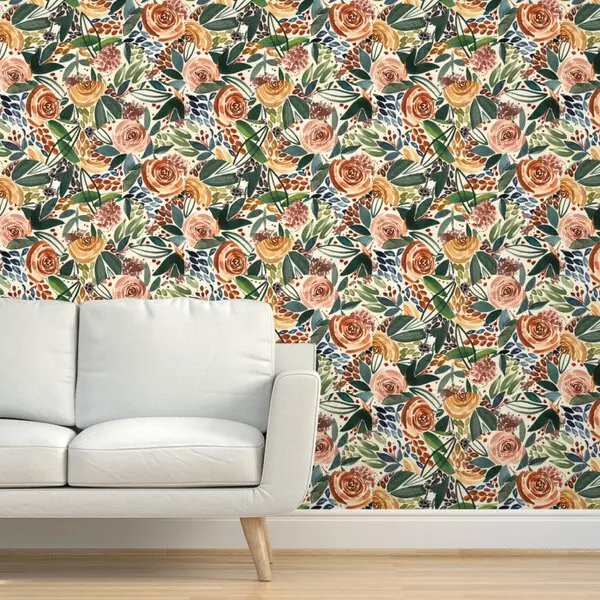 Spoonflower Boho Watercolor Roses Floral Medium Scale Custom Pre-pasted Wallpaper