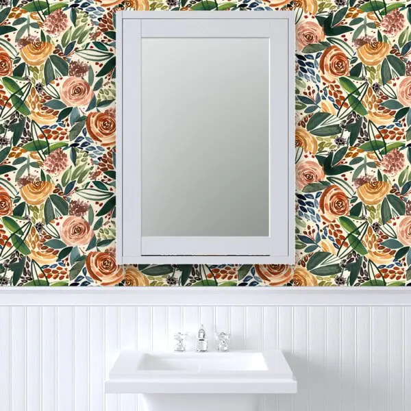 Spoonflower Boho Watercolor Roses Floral Medium Scale Custom Pre-pasted Wallpaper