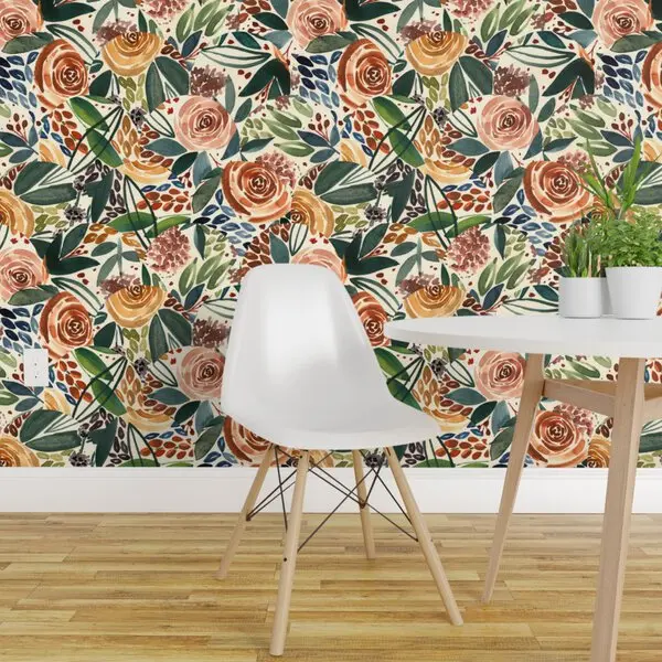 Spoonflower Boho Watercolor Roses Floral Medium Scale Custom Pre-pasted Wallpaper
