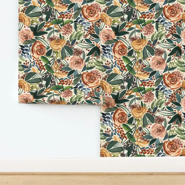 Spoonflower Boho Watercolor Roses Floral Medium Scale Custom Pre-pasted Wallpaper