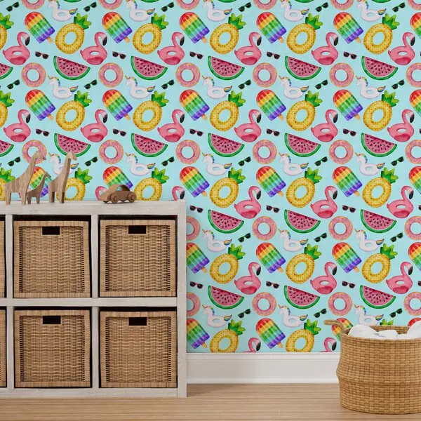 Spoonflower Summer Flamingo Watermelon Popsicle Pool Pineapple Custom Pre-pasted Wallpaper