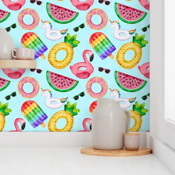 Spoonflower Summer Flamingo Watermelon Popsicle Pool Pineapple Custom Pre-pasted Wallpaper