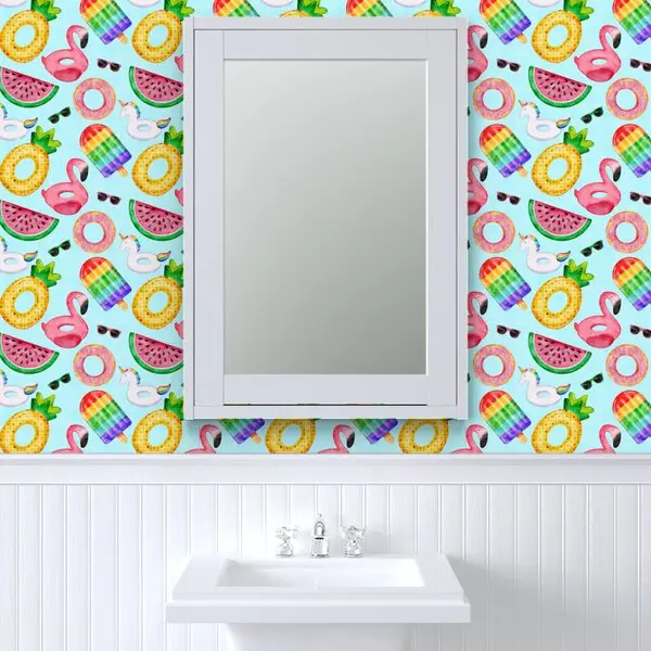 Spoonflower Summer Flamingo Watermelon Popsicle Pool Pineapple Custom Pre-pasted Wallpaper - Blue