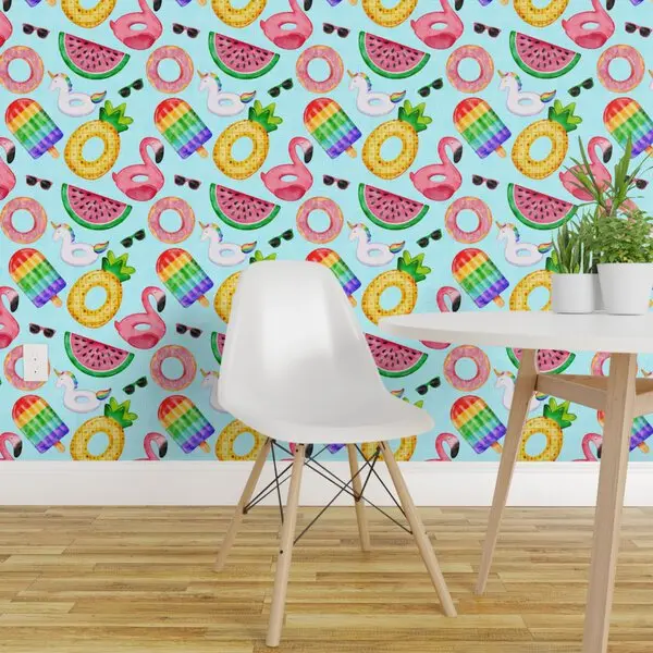 Spoonflower Summer Flamingo Watermelon Popsicle Pool Pineapple Custom Pre-pasted Wallpaper - Blue