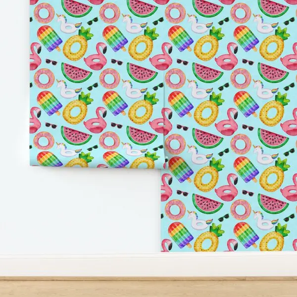 Spoonflower Summer Flamingo Watermelon Popsicle Pool Pineapple Custom Pre-pasted Wallpaper - Blue